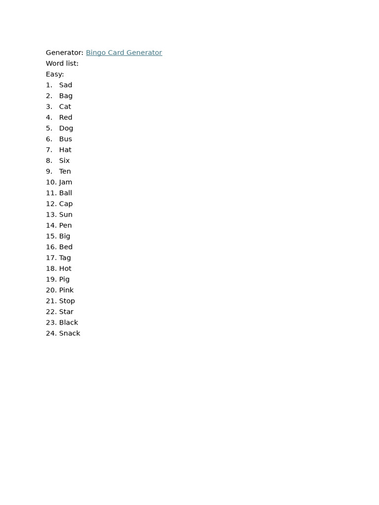 Phonics Bingo Word List Basic | PDF