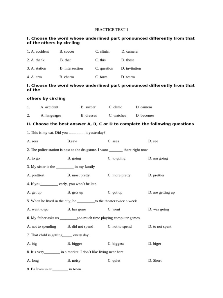English Practice Test for Students | PDF