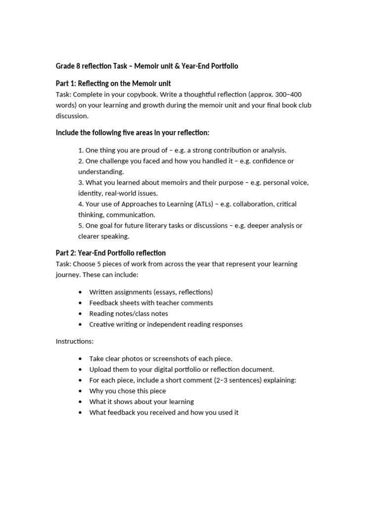 Grade8 Memoir Reflection and Portfolio | PDF