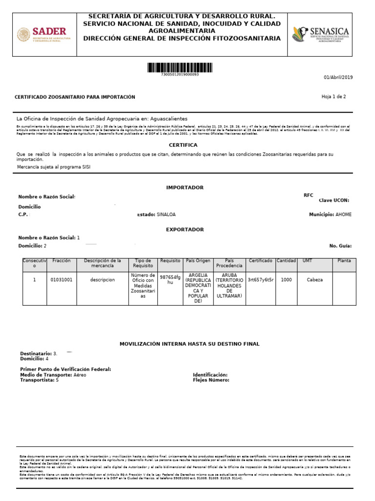 Certificado Zoosanitario PDF | PDF | México