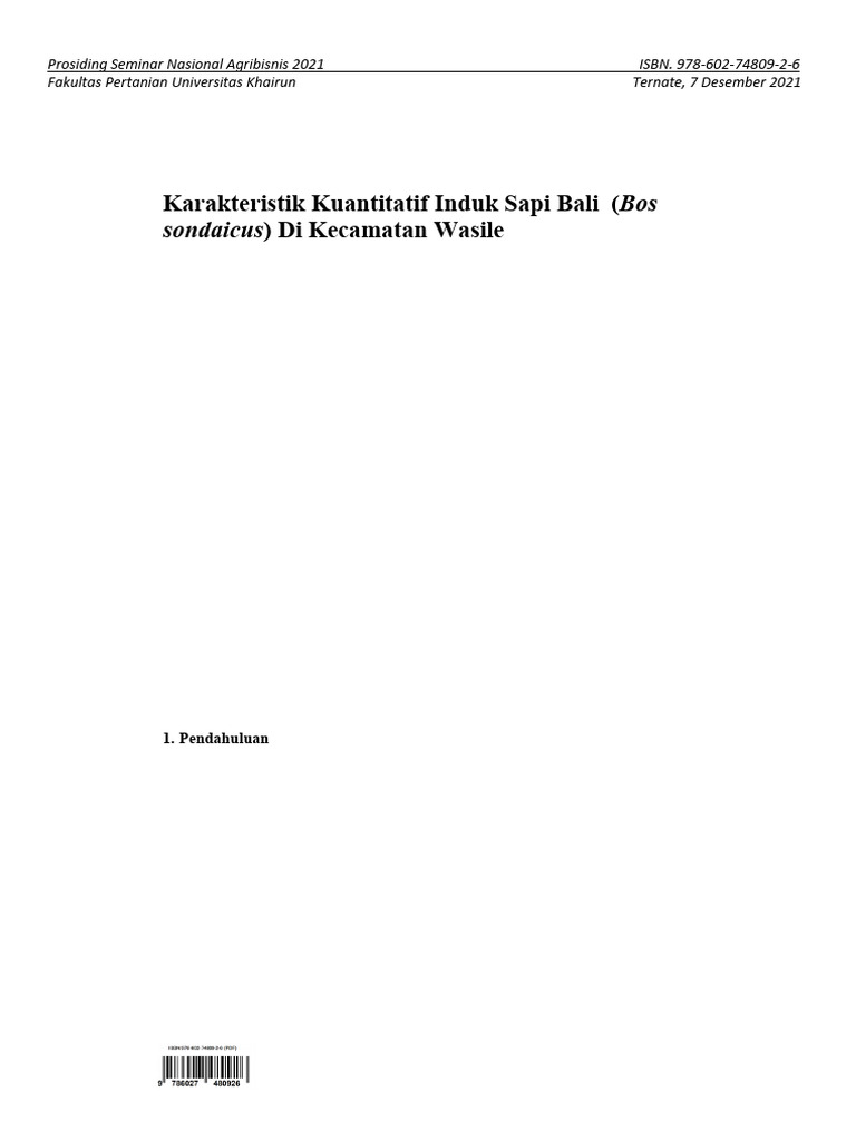 Karakteristik Kuantitatif Induk Sapi Bali (Bos Sondaicus) Di Kecamatan Wasile | PDF