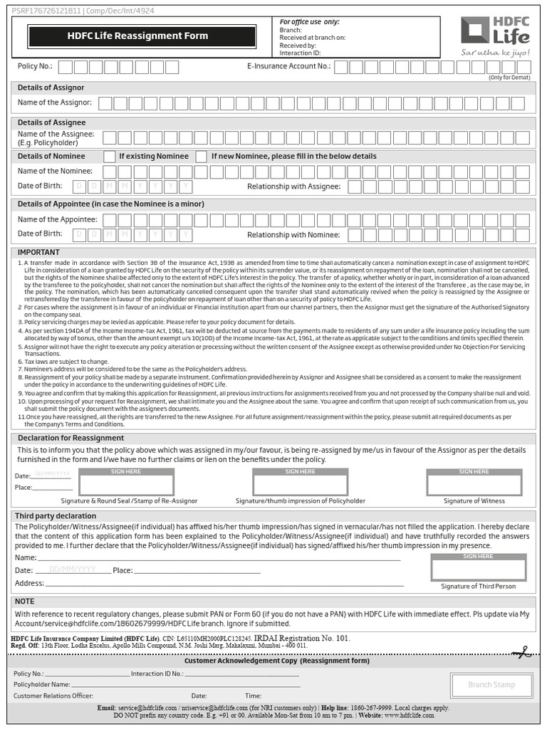 Reassignment Form HDFC Life Insurance | PDF | Assignment (Law ...