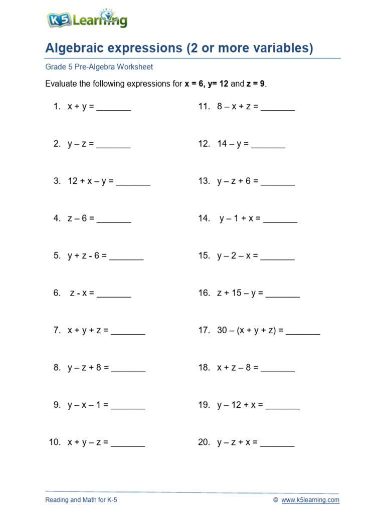 Grade 5 Algebraic Expressions Worksheet | PDF