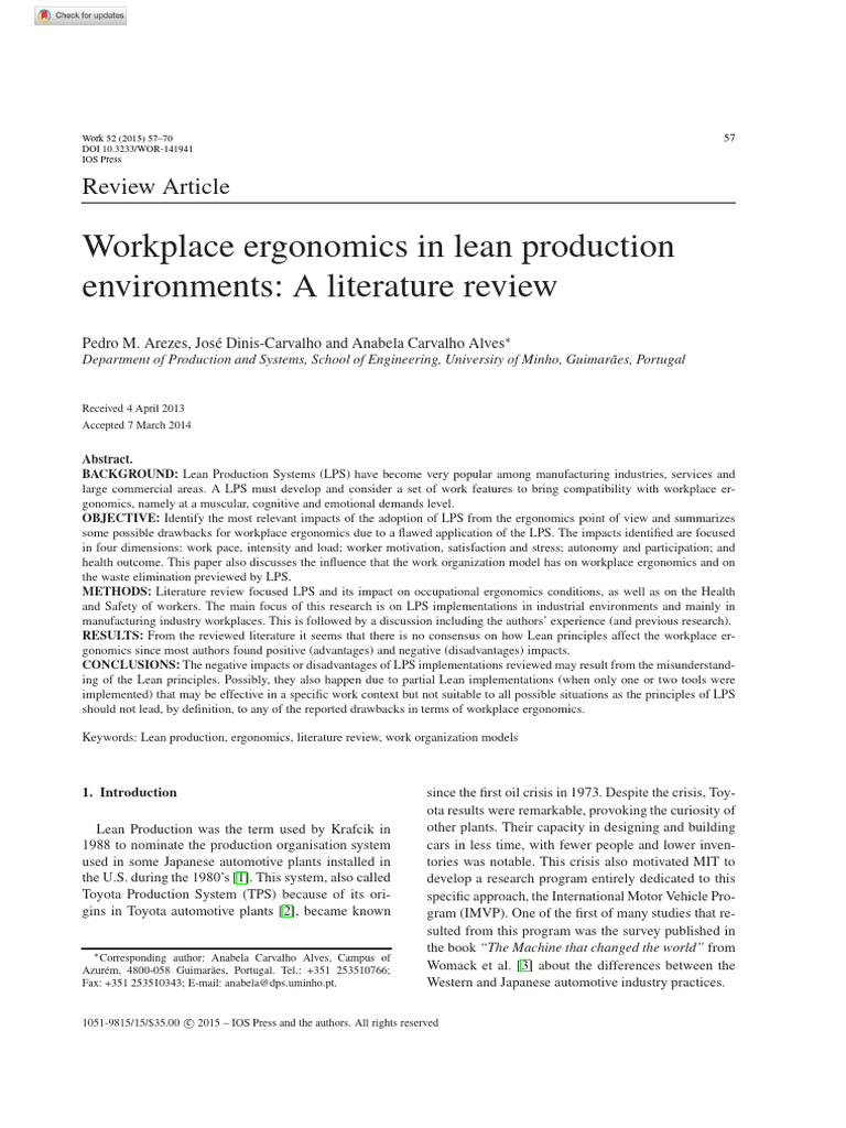 Arezes Et Al 2015 Workplace Ergonomics in Lean Production Environments A Literature Review | PDF ...