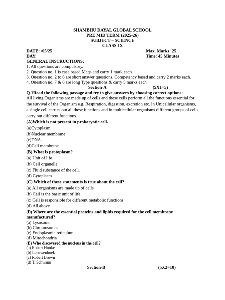 Pre Mid Term QP Science Class Ix | PDF | Cell (Biology) | Cytoplasm