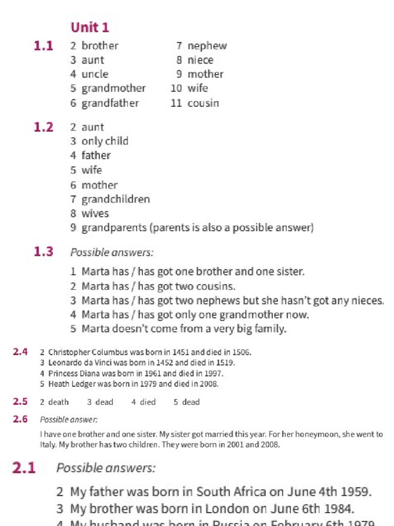 Answer Keys (Family Vocabulary) | PDF
