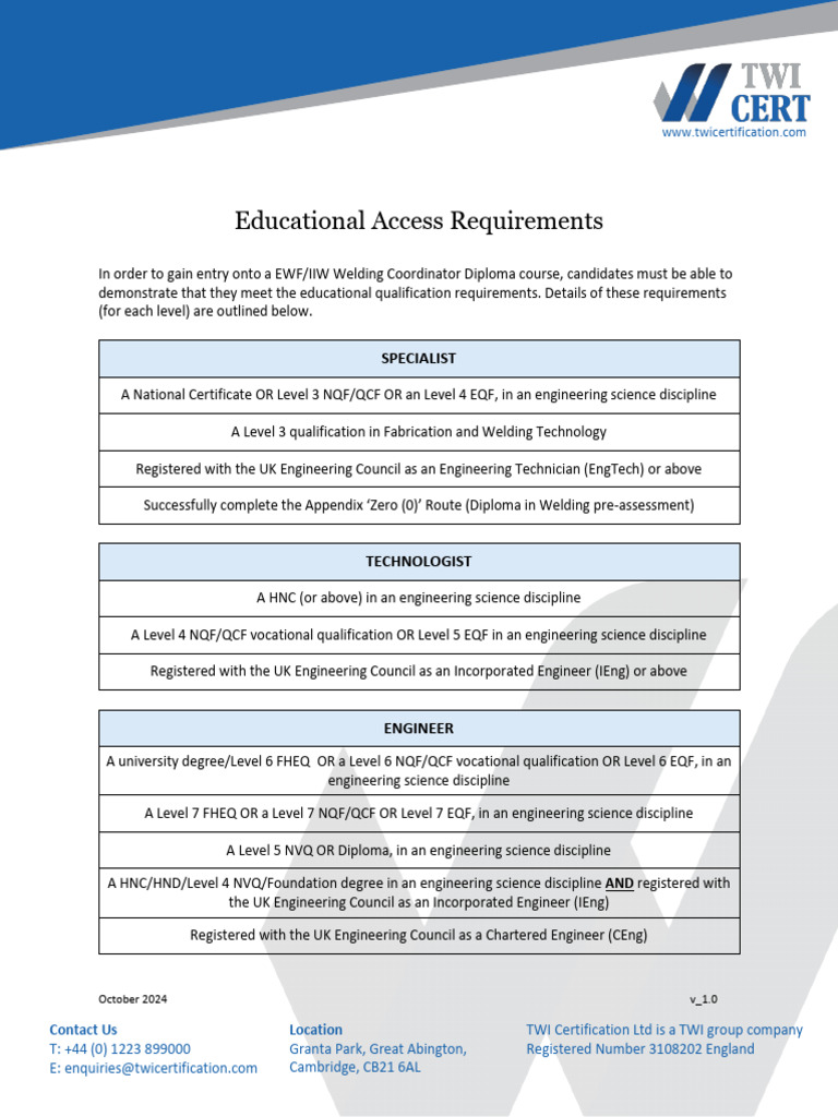 Access Requirements For The EWF IIW Welding Coordinator Diploma Oct 2024 v1 | PDF | Professional ...