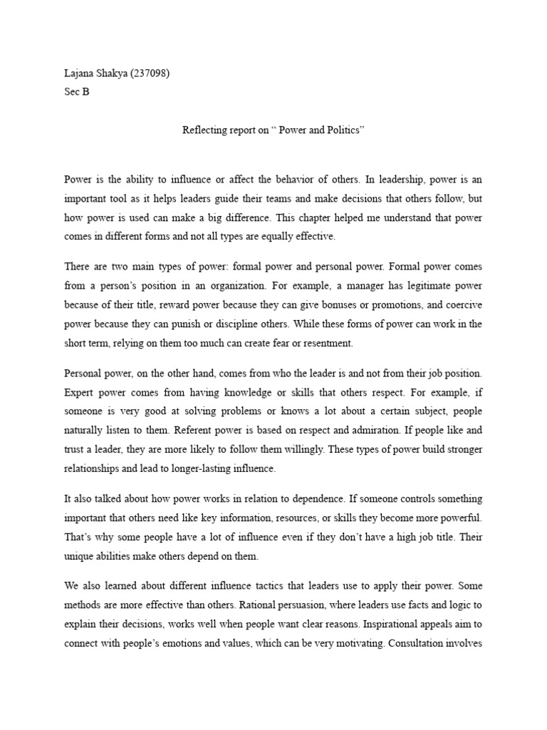 Power and Politics REFLECTION | PDF | Power (Social And Political ...