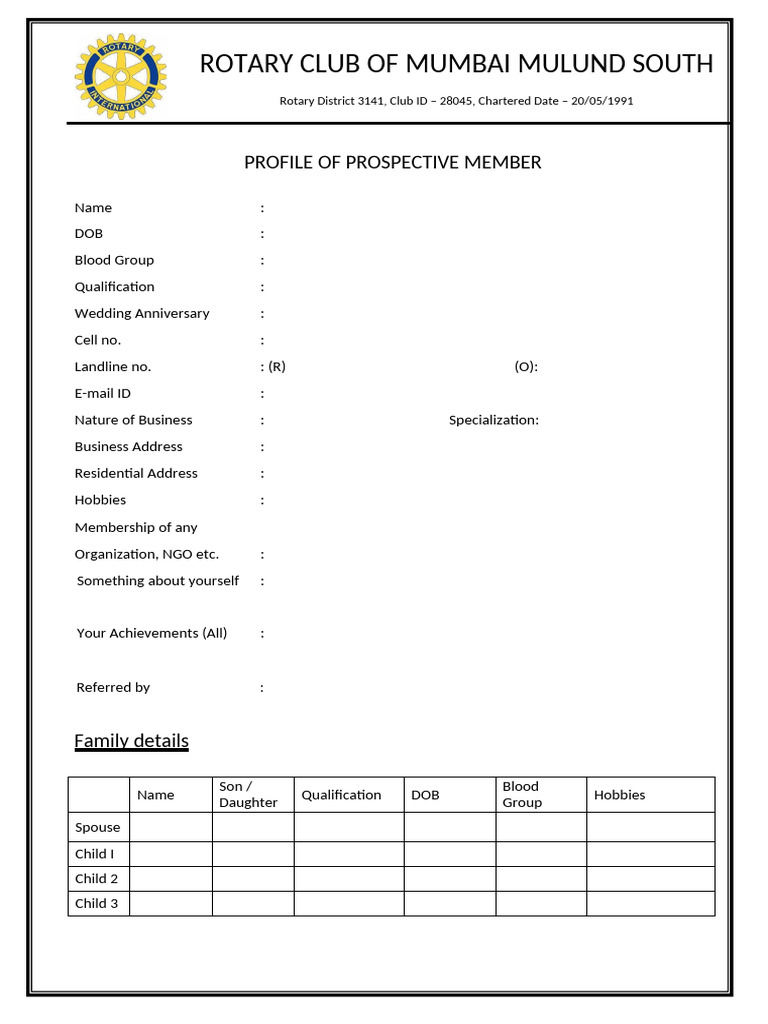 Rotary Club Membership Profile Form | PDF
