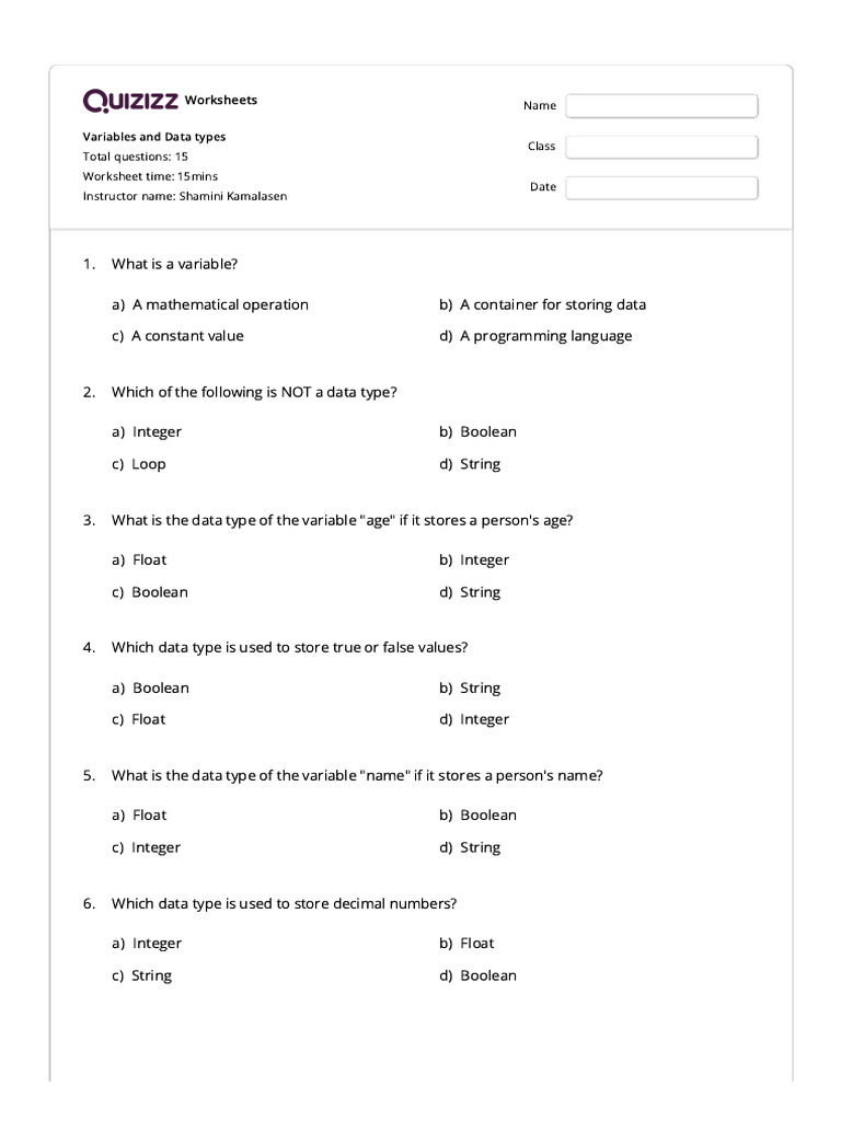 Elsa Lok Qing Lee - Variables and Data Types - Quizizz | PDF | Boolean ...