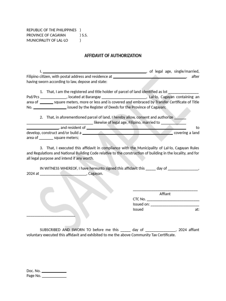 Affidavit of Authorization for Land Development | PDF