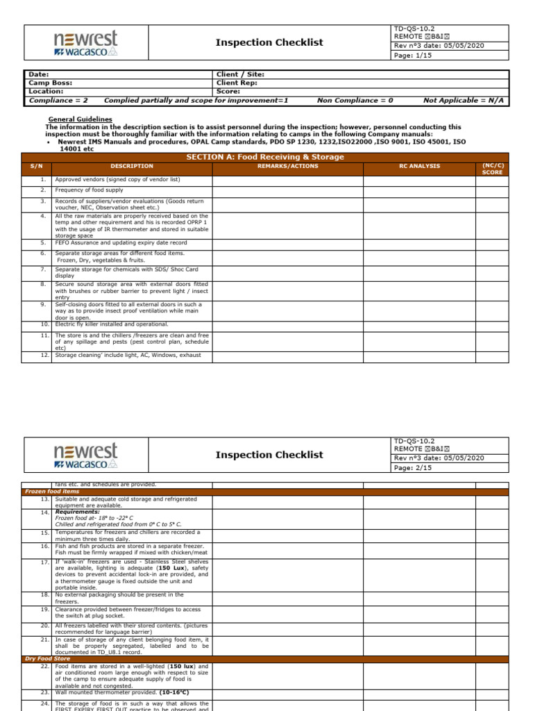 TD - QS - 10 2 - Inspection Checklist - Remote Sites Revised | PDF ...