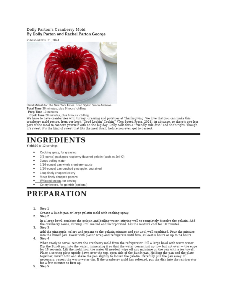 Dolly Parton's Cranberry Mold Recipe | PDF | Food And Drink Preparation ...