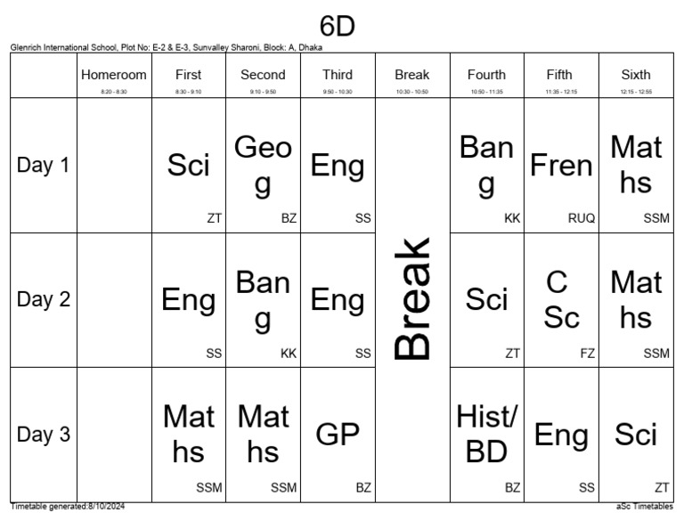 Class Routine - Grade 6D | PDF