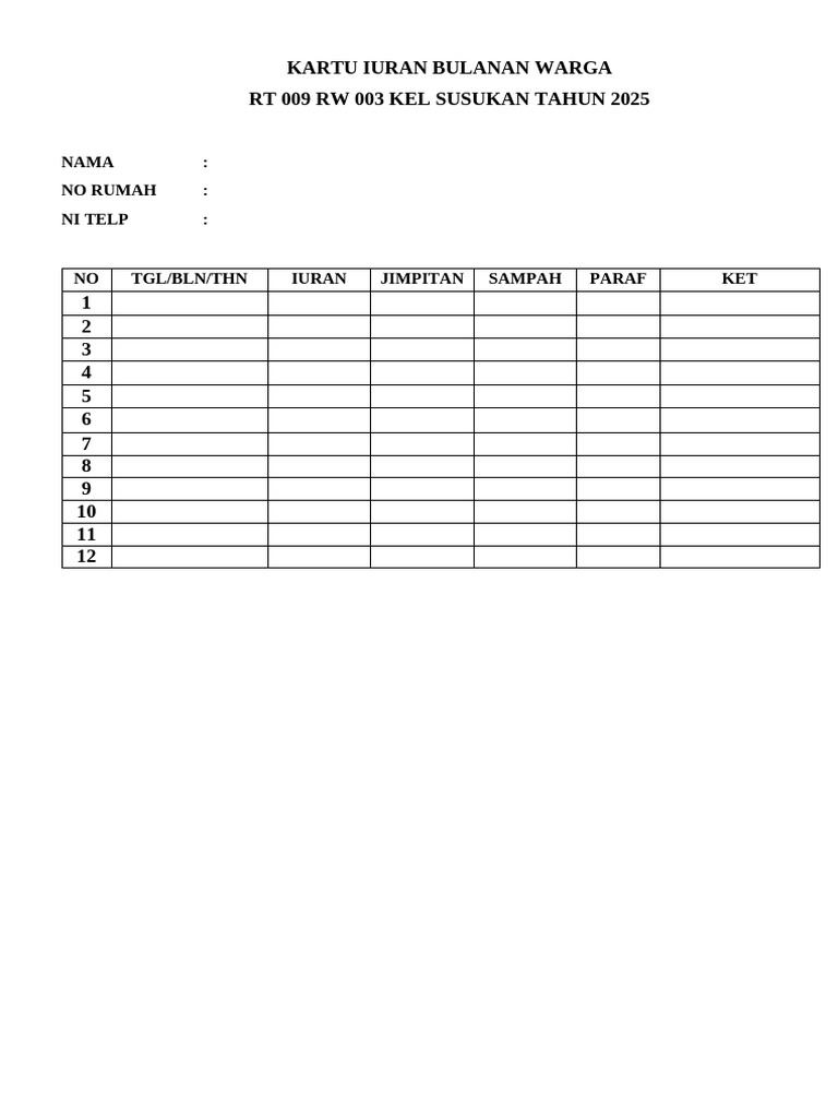Kartu Iuran Bulanan Warga Newwwww | PDF