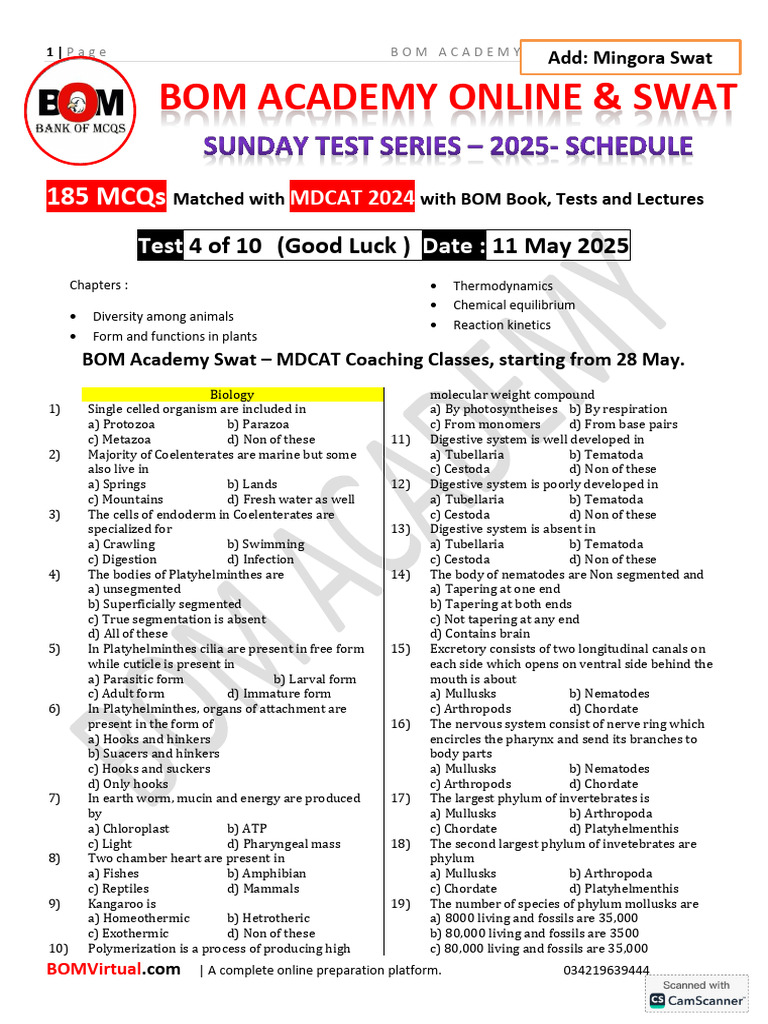 BOM Academy 11 May 25 Sunday Test With Key by #D.L.A | PDF | Chemical ...