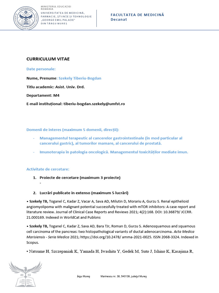 Szekely Tiberiu-Bogdan CV RO-1 | PDF | Neoplasms | Cancer