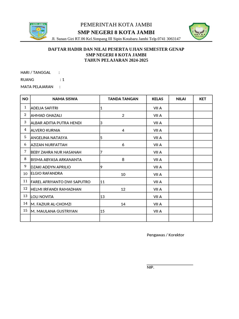 Daftar Hadir Dan Nilai Usem Genap 2025 | PDF