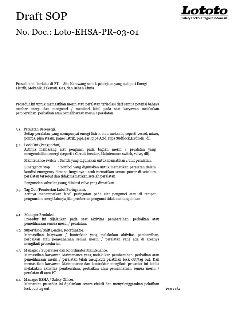 Draft Prosedur Loto | PDF