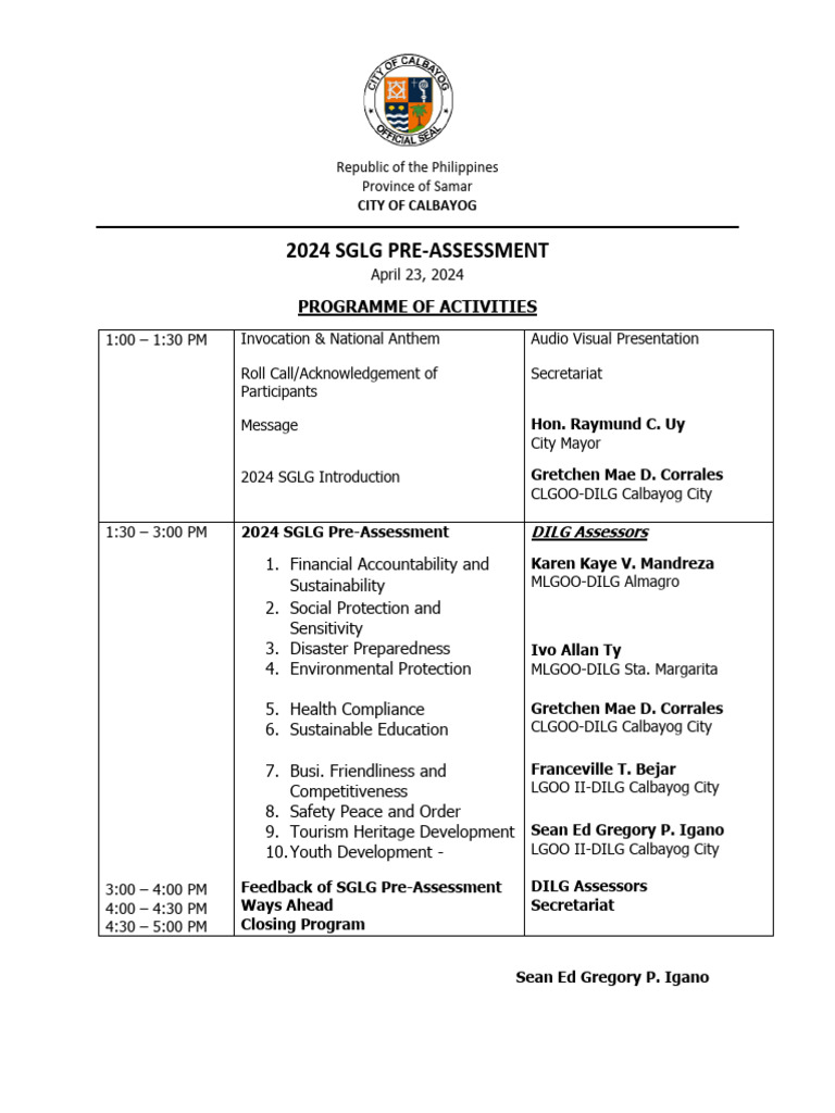 Program SGLG Pre-Assessment 2024 | PDF