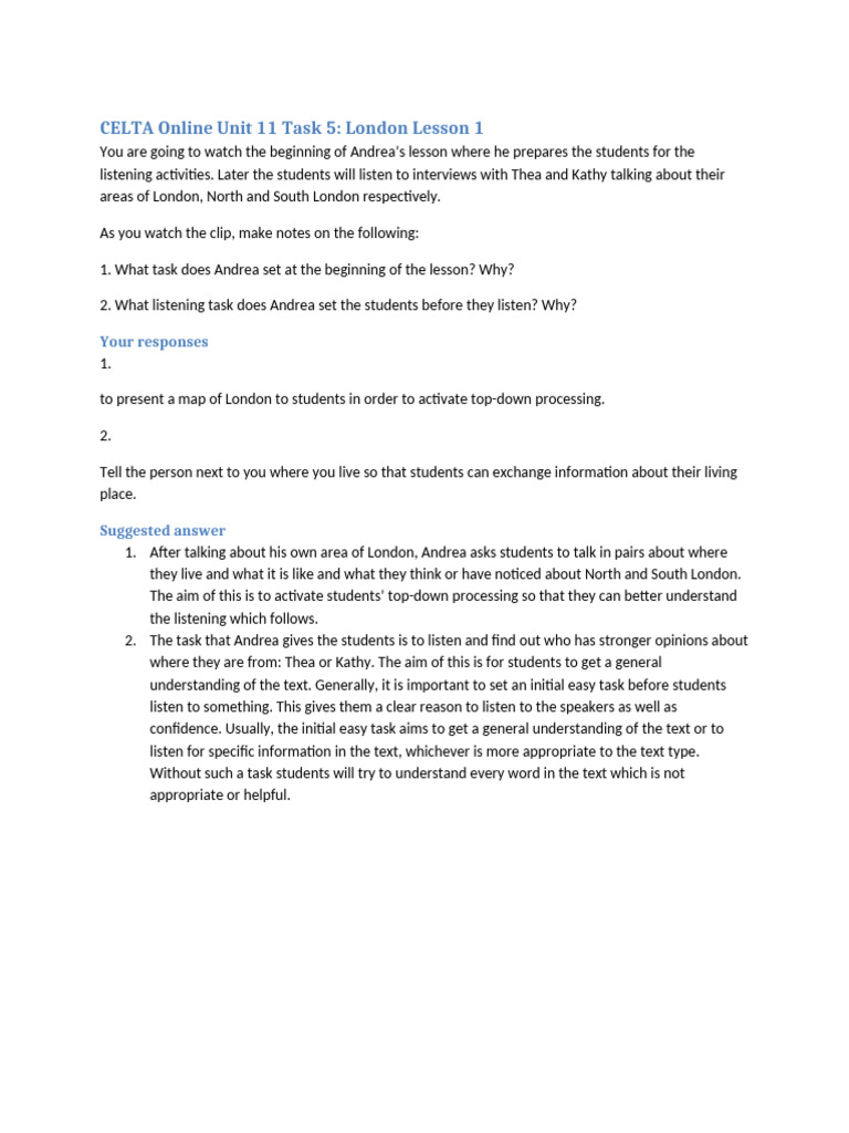 CELTA Online Unit 11 Task 5 - London Lesson 1 | PDF