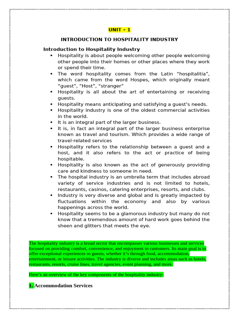 Front Office Notes at Unit-1 | PDF | Tourism | Hotel