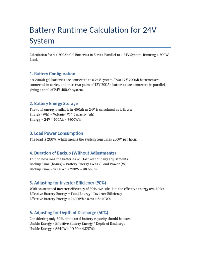 Battery Runtime Calculation 24V 200W Load | PDF