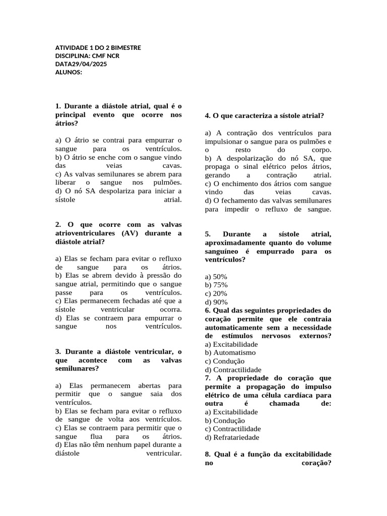 Ciclo Cardíaco: Diástole e Sístole | PDF | Átrio (coração) | Coração
