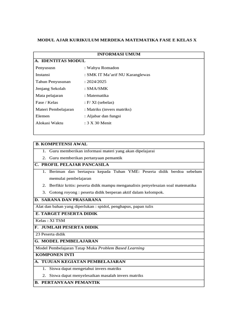 MODUL MATRIKS Invers Matriks1 FASE KELAS 11 MAS WAHYU | PDF