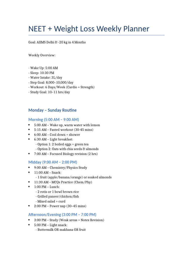 NEET Weight Loss Planner | PDF