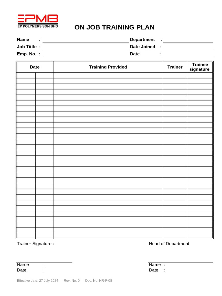 HR-F-08 - On Job Training Plan Rev0 | PDF