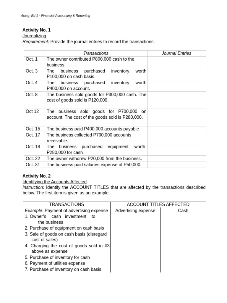 Acctg. Ed 1 - Module6 Act 1-10 | PDF | Debits And Credits | Expense
