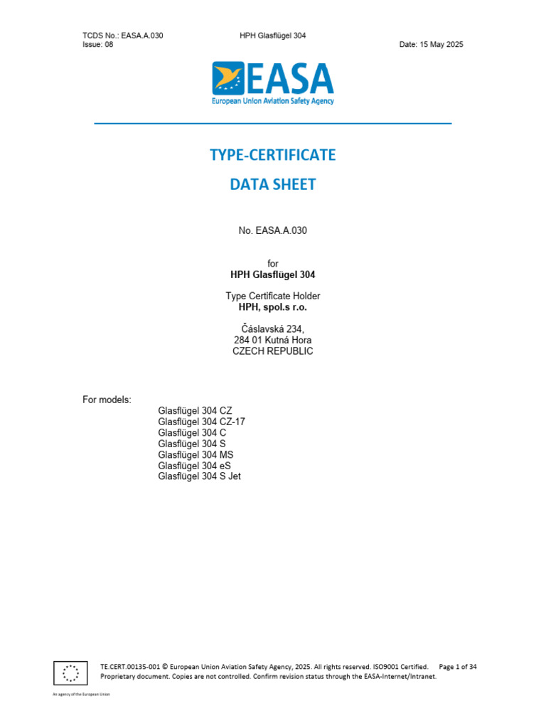 TCDS EASA.A.030 HPH Glasflugel 304 Iss-08 | PDF | Flight Control Surfaces | Glider (Sailplane)