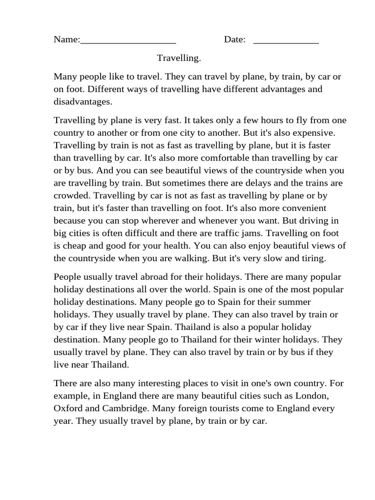 Travelling Reading Comprehension With Questions Level A2 162861 | PDF ...