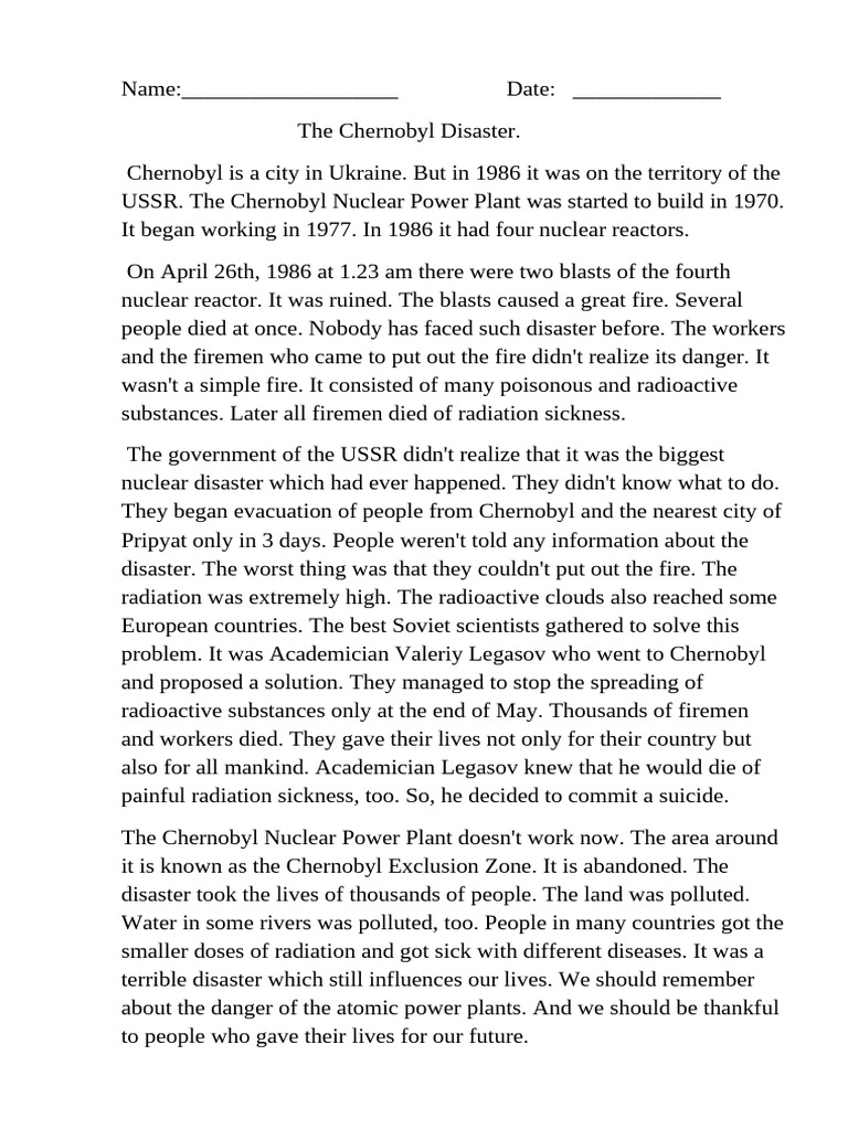 The Chernobyl Disaster Reading Comprehension Level b1 b2 162914 | PDF ...