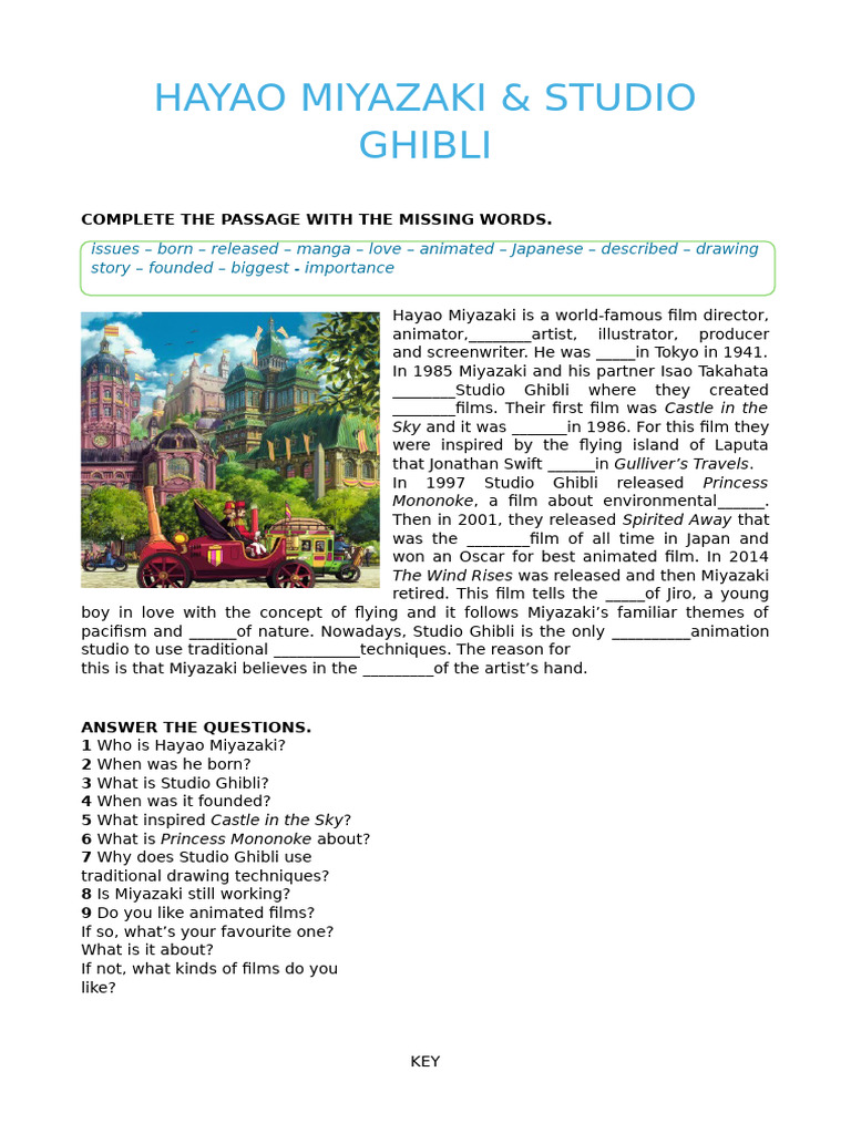 Reading Comprehension Hayao Miyazaki Studio Ghibli 162930 | PDF | Animation
