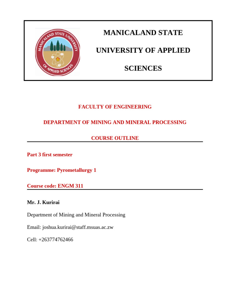 ENGM 311 Pyrometallurgy 1 Course Outline | PDF