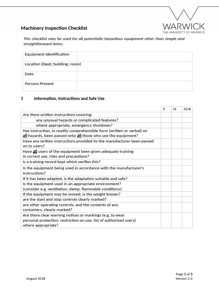 Machinery Inspection Checklist v2.0 | PDF | Safety | Occupational Safety And Health