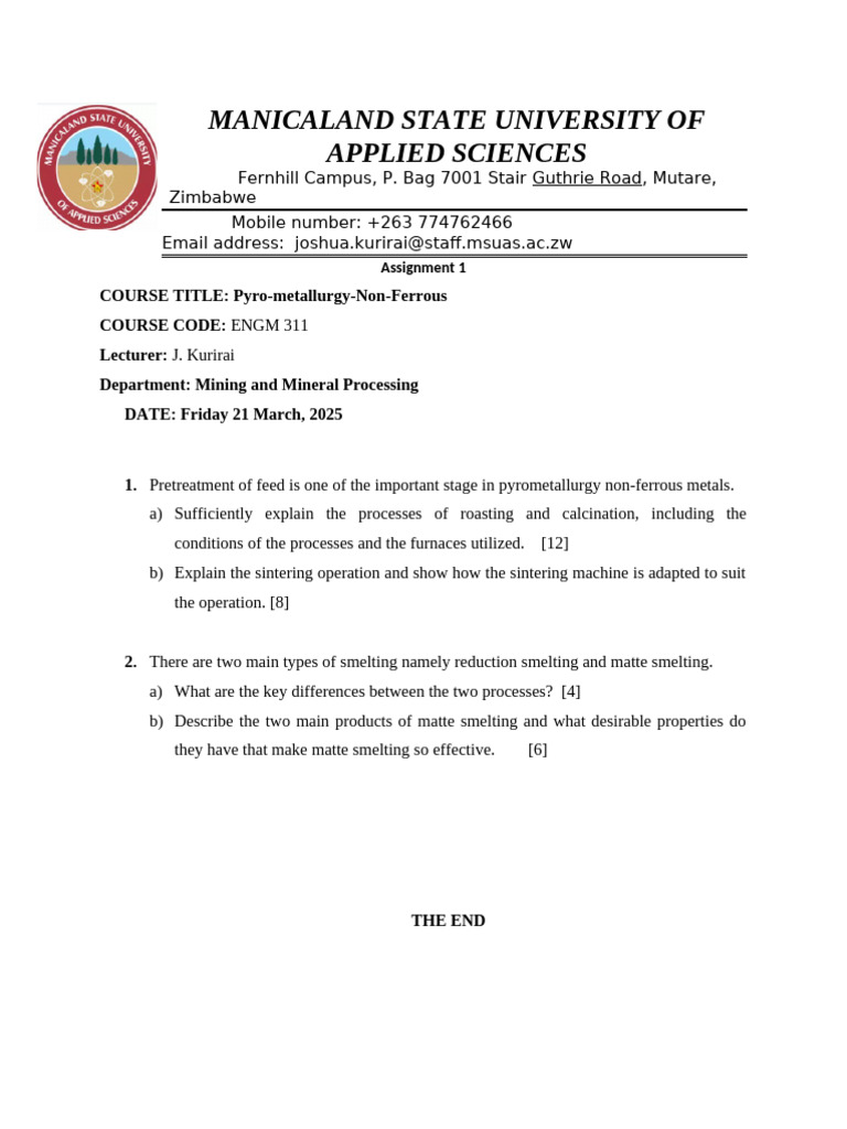 ENGM 311 Pyrometallurgy Asignment 1 | PDF