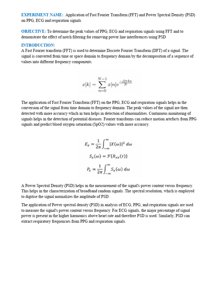 FFT and PSD Analysis of PPG, ECG Signals | PDF