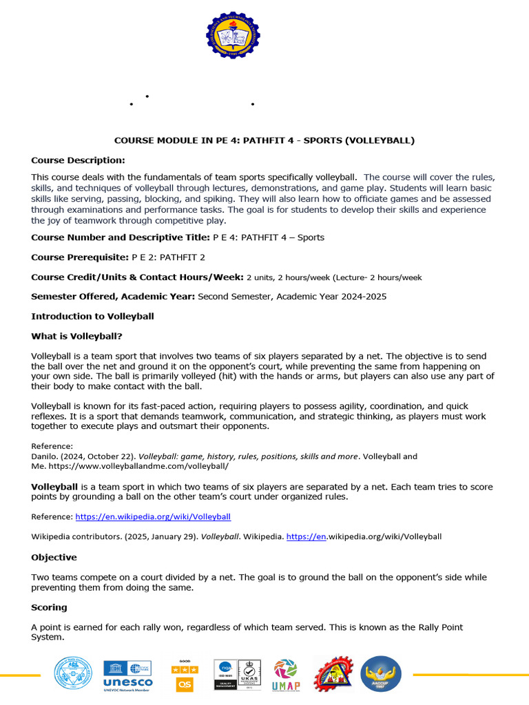 Course Module in Pathfit 4 Sports Volleyball | PDF | Volleyball ...