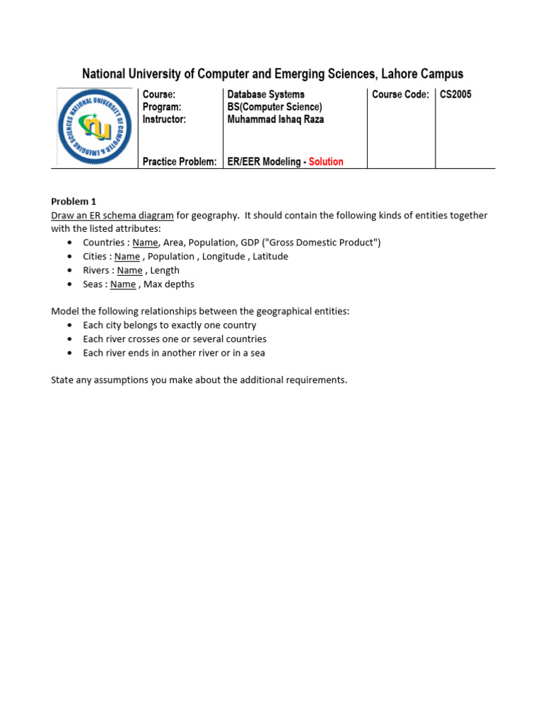 ER Modeling Practice Problems Solutions | PDF | Databases | Conceptual ...