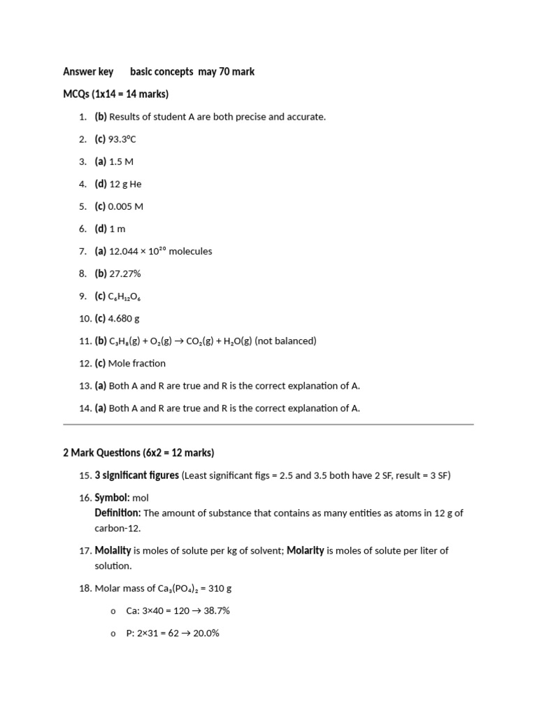 Answer Key Basic Concepts May 70 Mark | PDF | Mole (Unit) | Physical ...