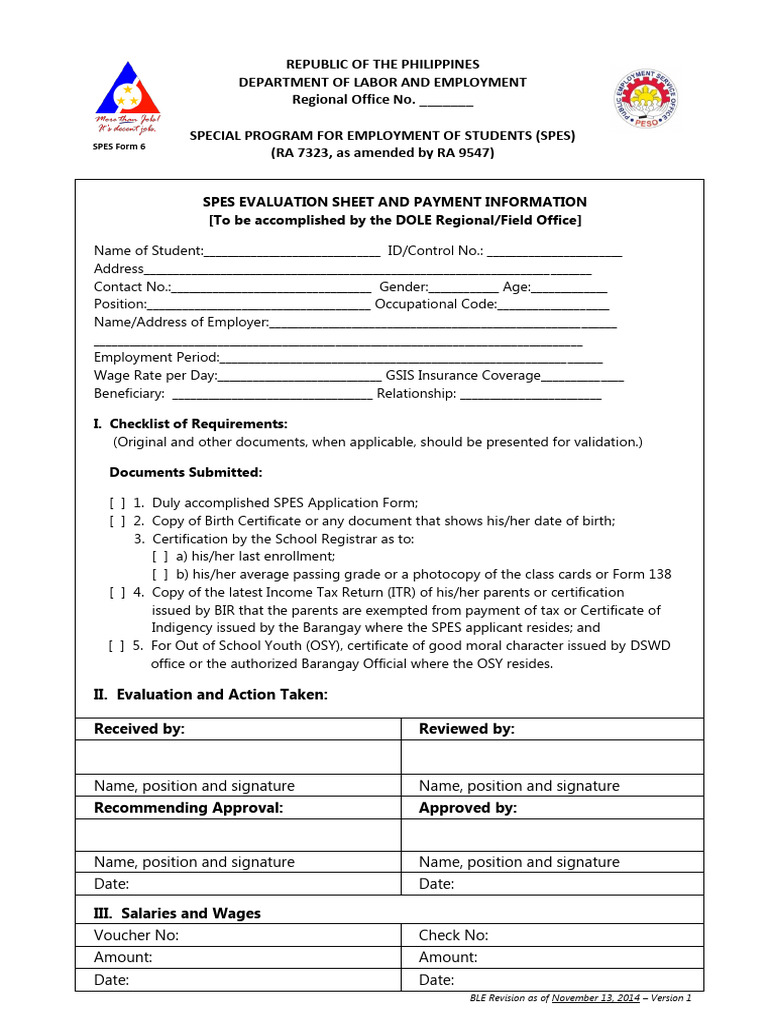 13 SPES Evaluation Sheet and Payment Information | PDF | Payments | Economies