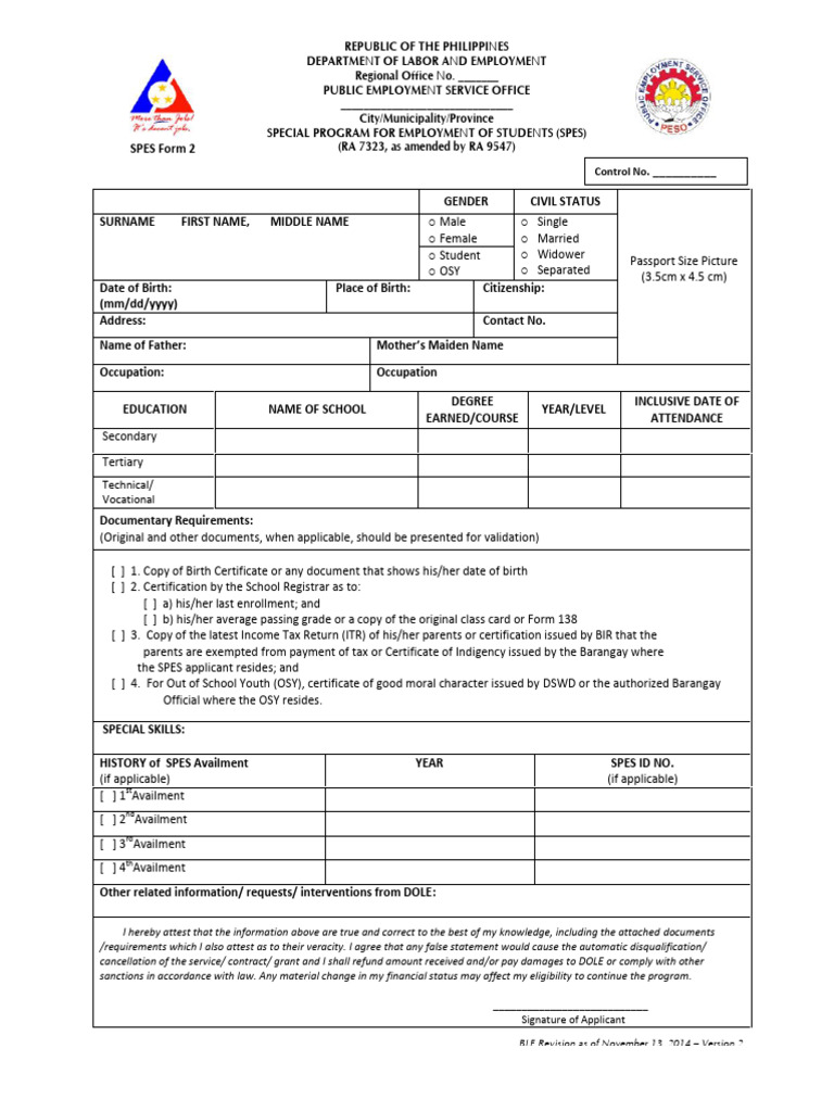 SPES Application Form Guide | PDF | Unemployment Benefits | Birth ...