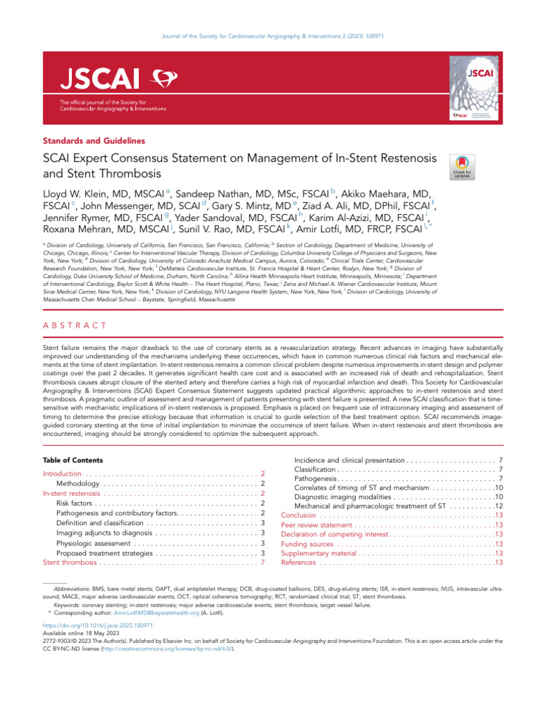 SCAI Expert Consensus Statement On Management of In-Stent Restenosis and Stent Thrombosis | PDF ...