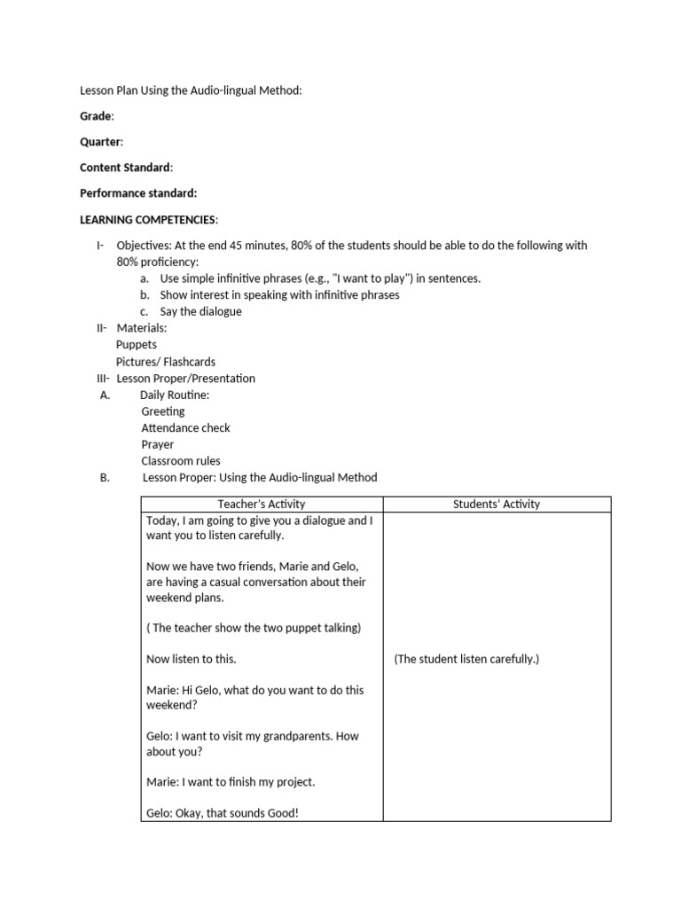Audio-Lingual Lesson Plan for Infinitives | PDF | Pedagogy | Teaching