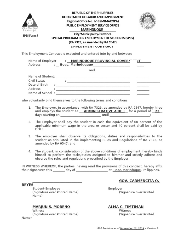Spes Form 5 - Employment Contract - Short | PDF | Employment | Labour Law