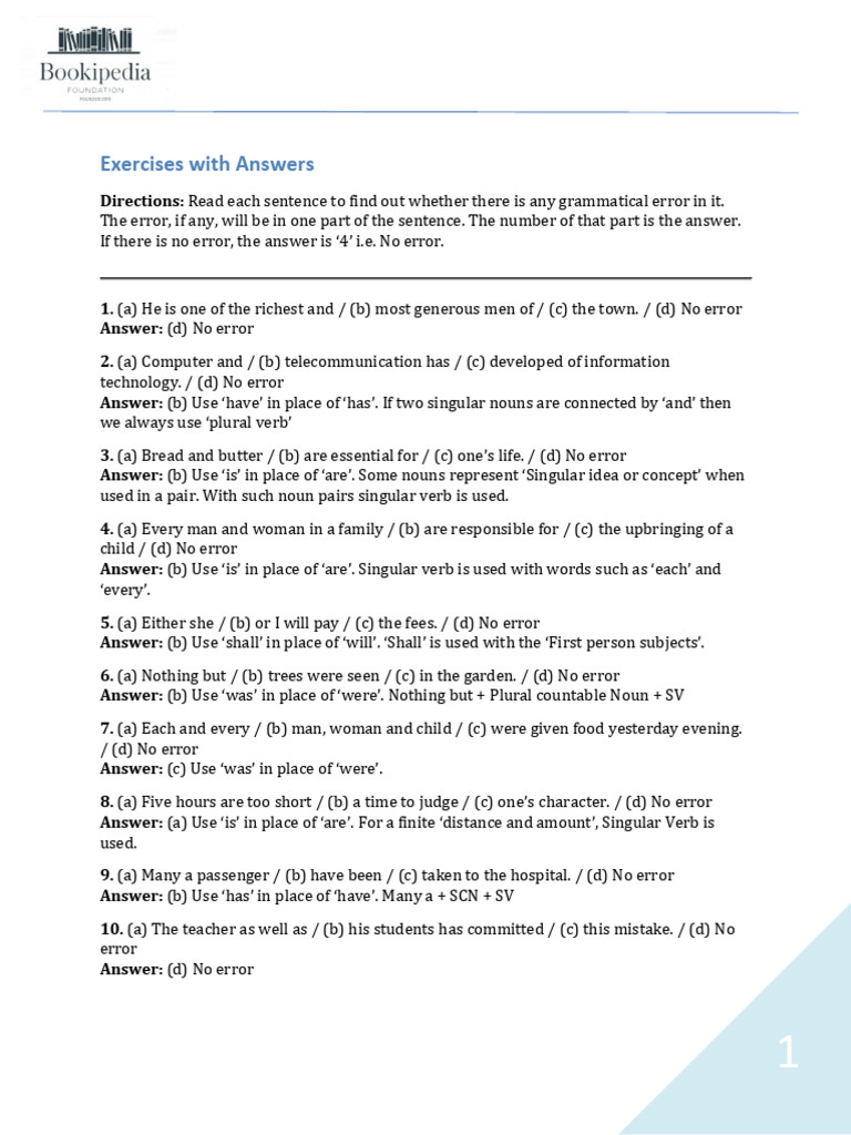MCQs On Subject Verb Agreement | PDF | Grammatical Number | Linguistics