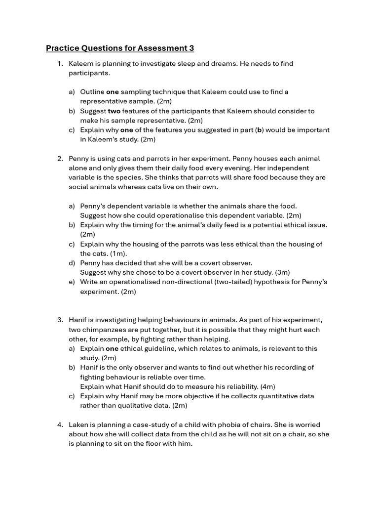 Practice Questions For Assessment 3 | PDF | Experiment | Case Study